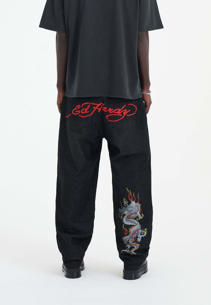 Ed Hardy BATTLE-DRAGON DIAMANTE - Relaxed fit jeans - black - Zalando