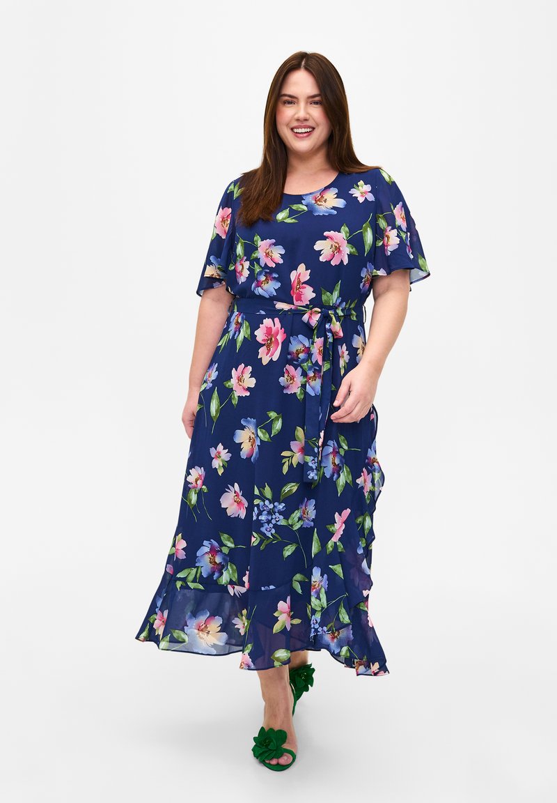Zizzi SHORT SLEEVE WITH FLORAL PRINT - Jurk - blueprint flower aop ...