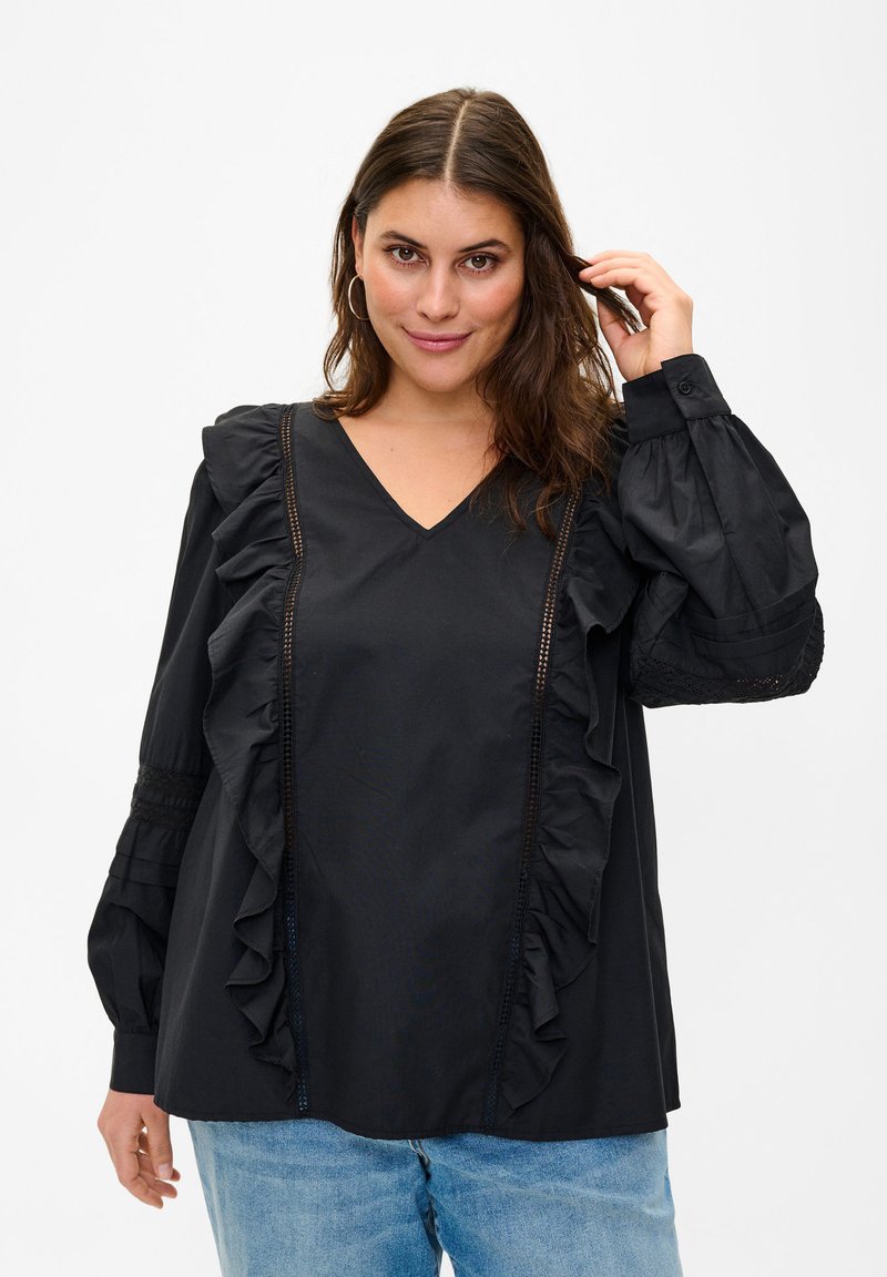 Zizzi MIT RUFFLES UND TRIM - Blouse - black/gemêleerd zwart - Zalando.nl