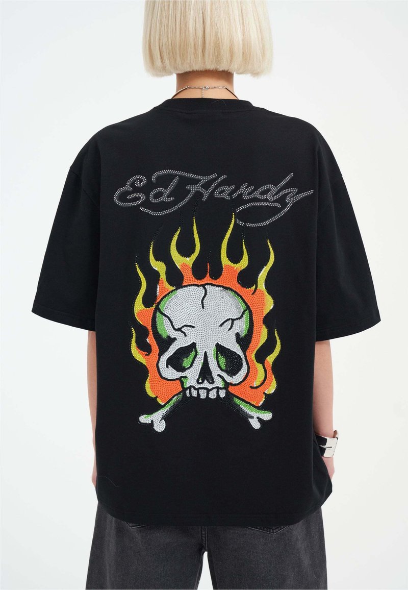 Ed Hardy SKULL FLAME DIAMANTE - T-Shirt print - black/schwarz - Zalando.ch