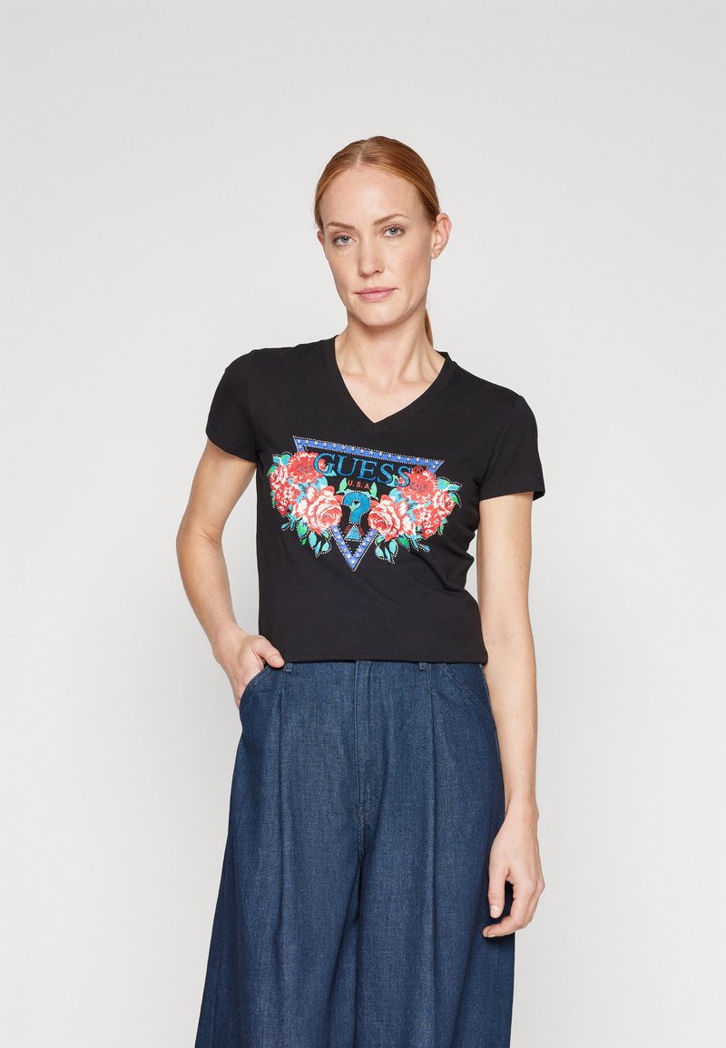 Guess ROSES TRIANGLE TEE - T-shirt print - jet black/zwart - Zalando.nl