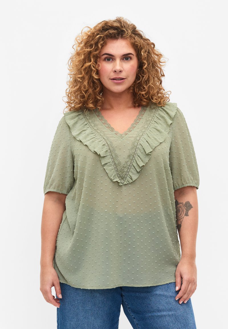 Zizzi WITH SHORT SLEEVES AND DOTTED STRUCTURE - Blouse - seagrass/green ...