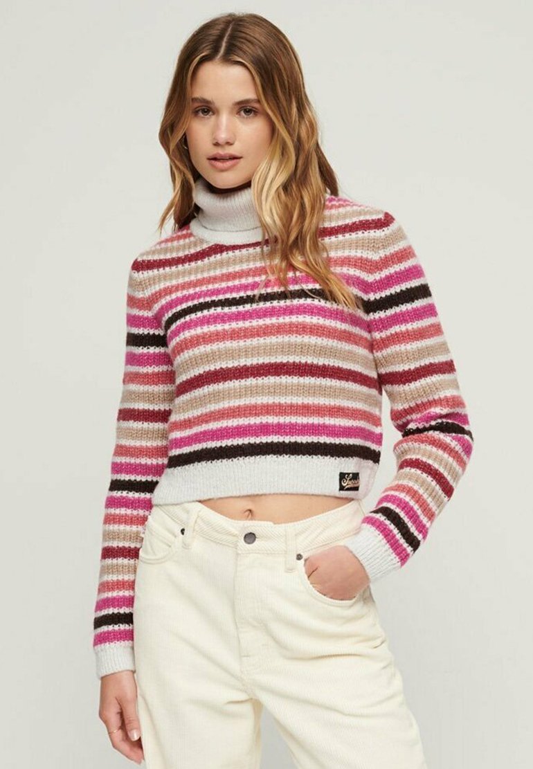 Superdry STRIPE CROPPED ROLL NECK - Trui - ecru stripe/wit - Zalando.be