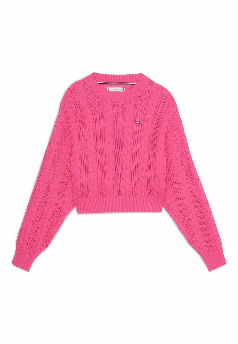 Tommy Hilfiger Cable Cropped Crew Sweater Jumper Hot Magenta Pink