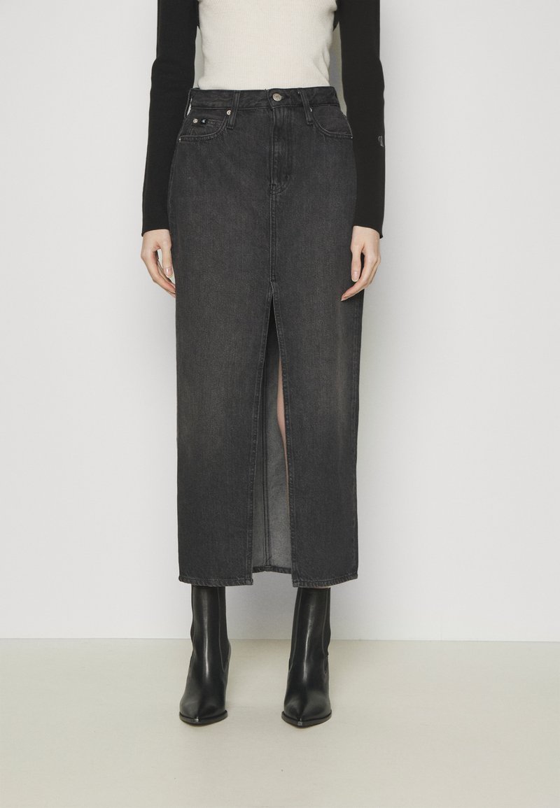 Calvin Klein Jeans FRONT SPLIT SKIRT - Farkkuhame - denim black/musta ...