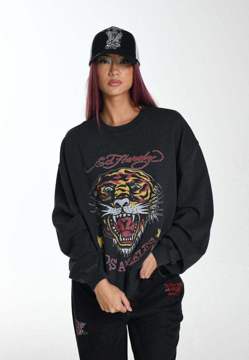 Ed Hardy TIGER-VINTAGE-ROAR RELAXED CREW NECK - Felpa - black/nero ...