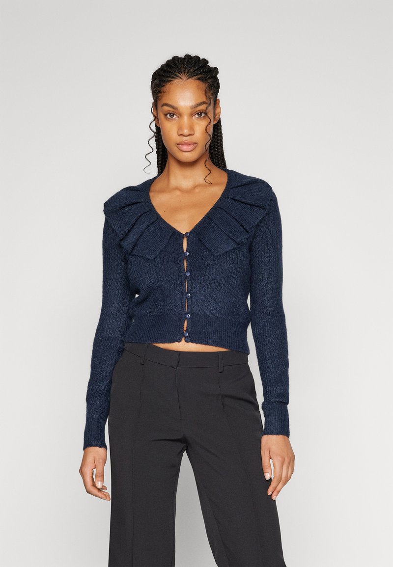 JDY V-NECK FRILL CARDIGAN - Neuletakki - sky captain/tummansininen ...