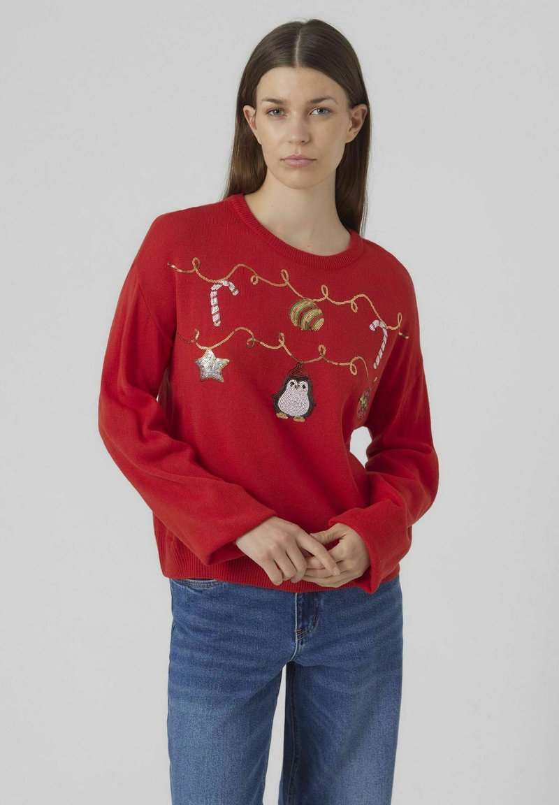 Vero Moda GARLAND O-NECK XMAS - Stickad tröja - chinese red/röd ...