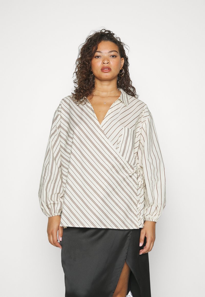 Object Curve OBJNIKITA WRAP - Bluse - cloud dancer stripes/brown/beige ...