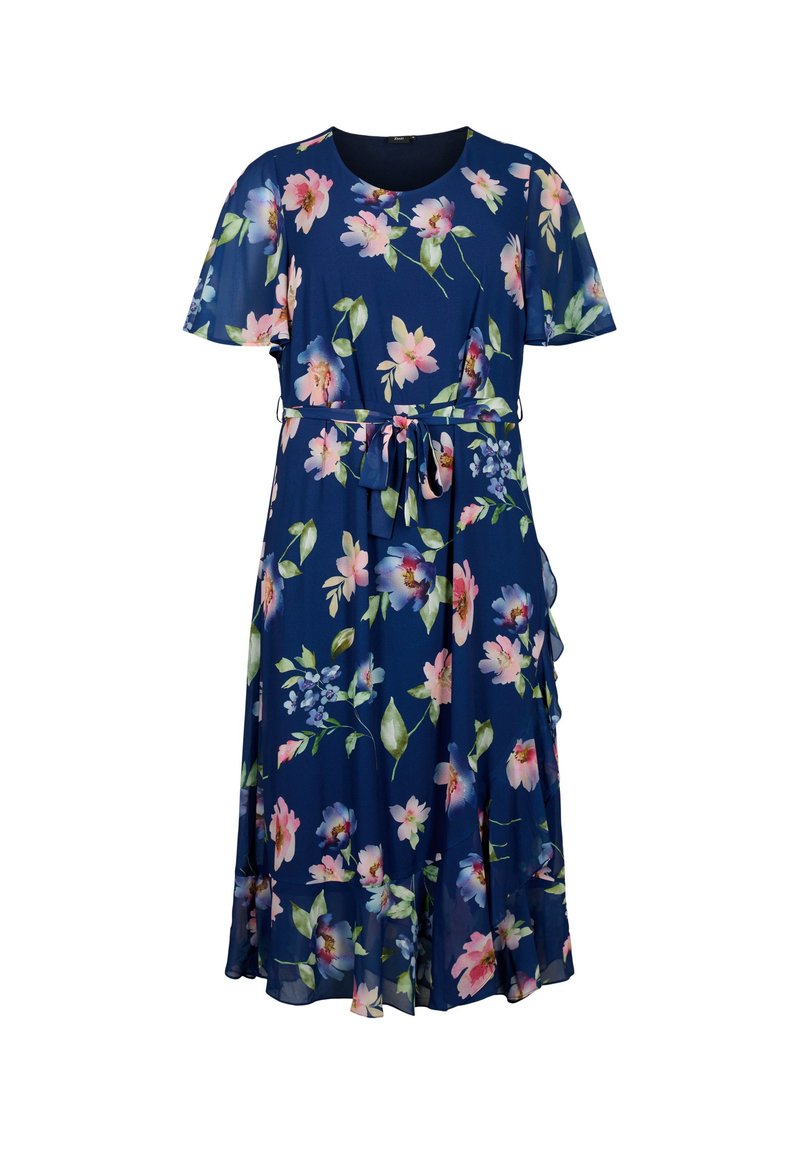 Zizzi SHORT SLEEVE WITH FLORAL PRINT - Freizeitkleid - blueprint flower ...