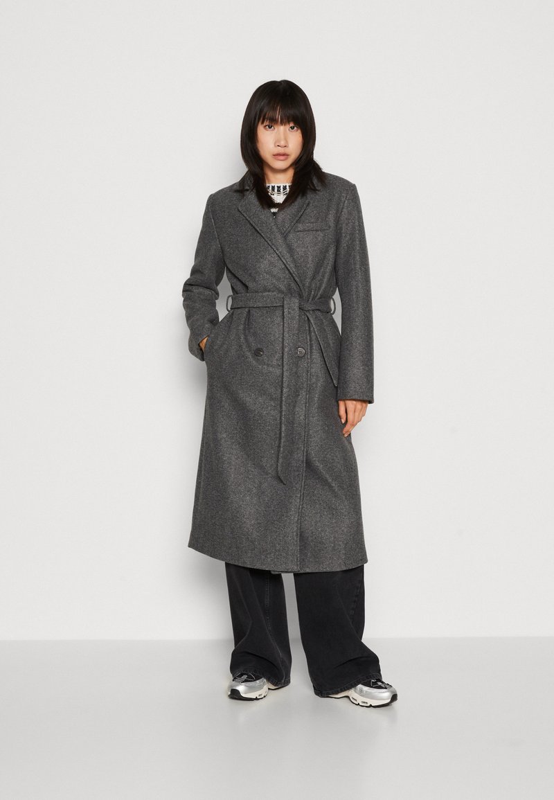 VILA VIMANO MAXI TIE BELTED COAT - Classic coat - dark grey melange ...