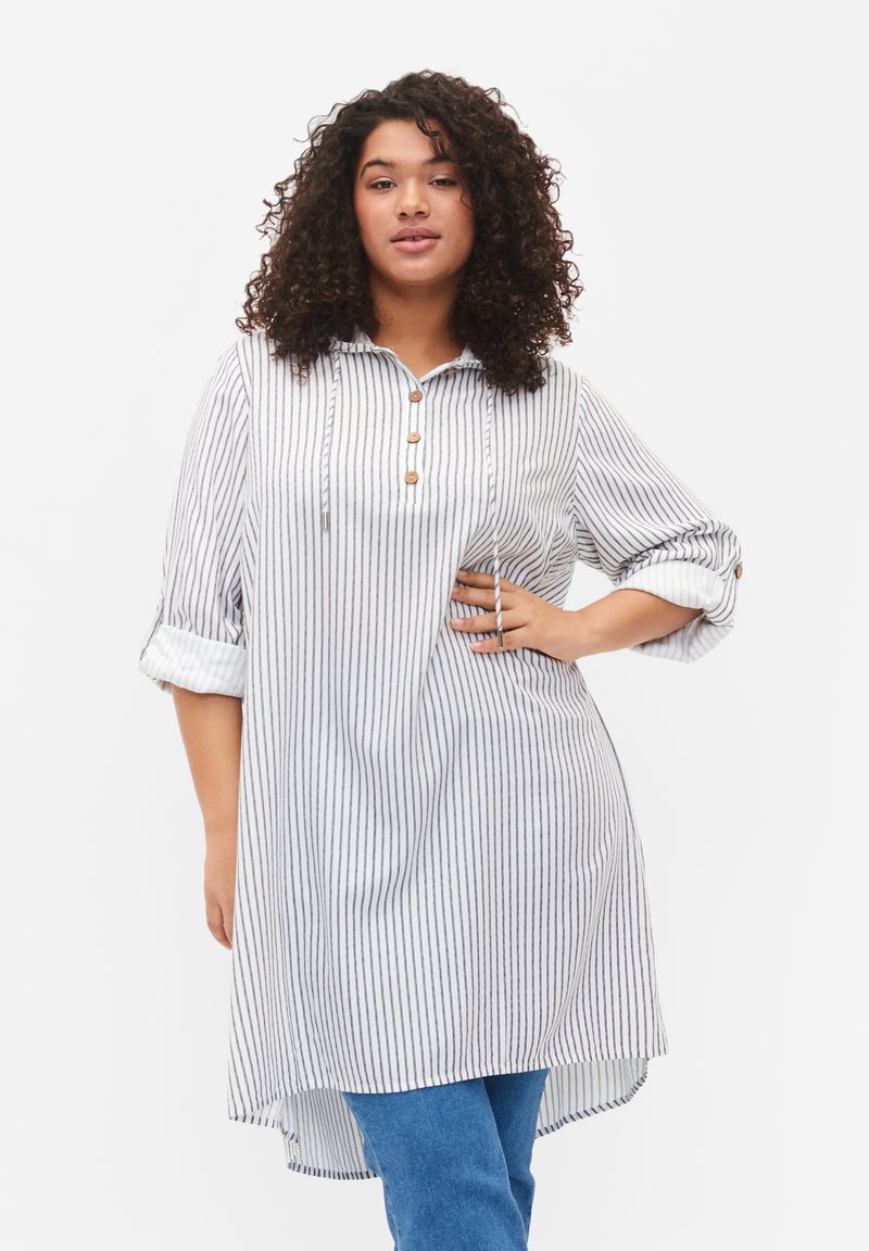 Zizzi WITH HOOD - Tunic - black white stripe/black - Zalando