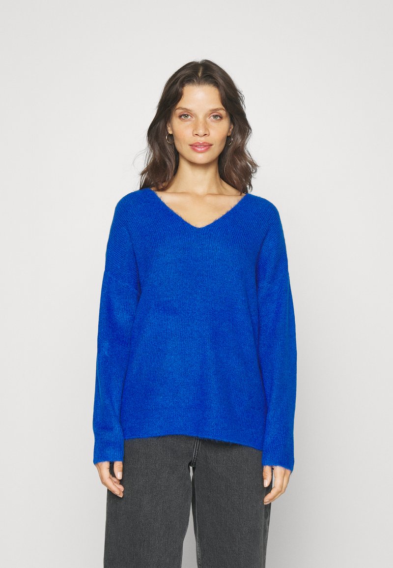 Vero Moda Petite VMCREWLEFILE V NECK - Strickpullover - beaucoup blue melange/blau - Zalando.ch