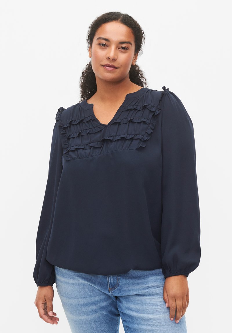 Zizzi LONG-SLEEVED WITH FRILLED DETAILS - Blouse - total eclipse/bleu marine - ZALANDO.FR
