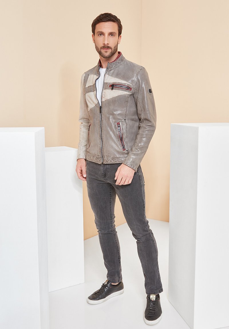 Lederjacken24 CASTRO - Leather jacket - grau weiß rot/grey - Zalando