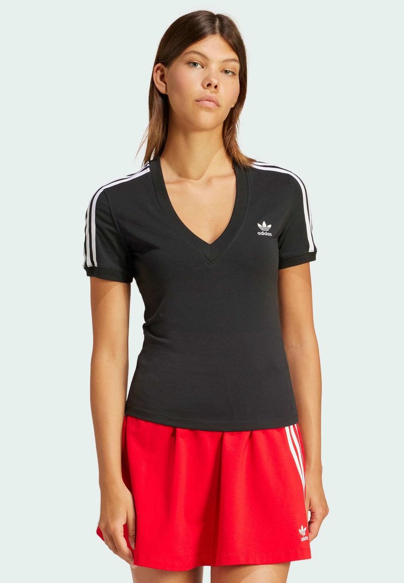 adidas Originals 3-STRIPES V-NECK SLIM - Print T-shirt - black - Zalando.co.uk