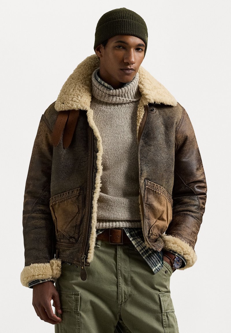 Polo Ralph Lauren LEATHER-TRIM SHEARLING BOMBER JACKET - Skinnjacka - brown earth/brun - Zalando.se