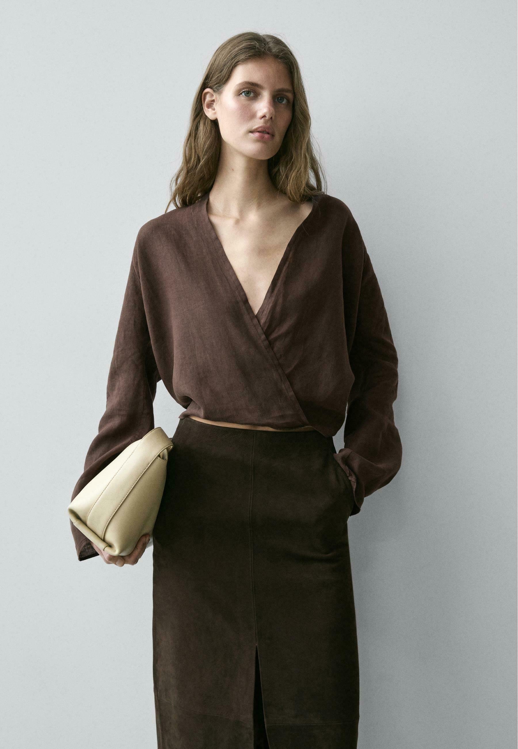 Massimo Dutti FLOWING WRAP - Bluse - mottled dark brown/dunkelbraun ...