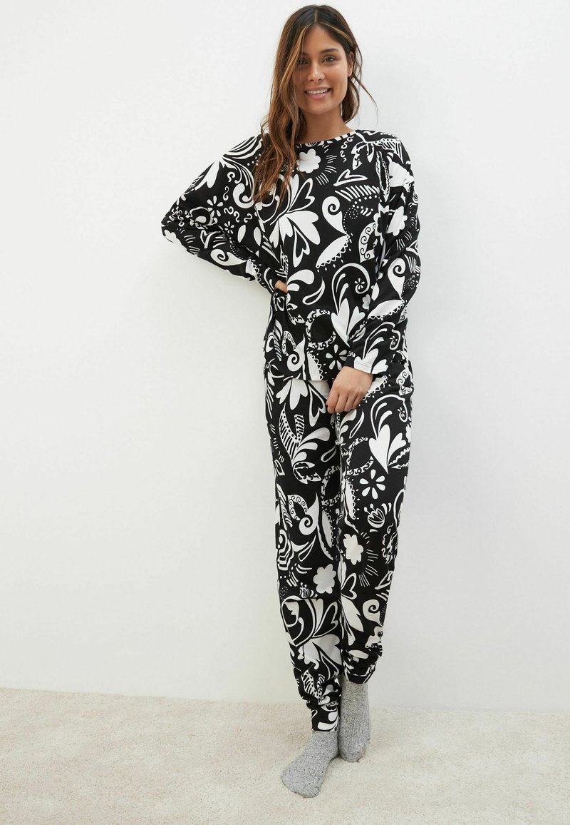 Next COTTON LONG SLEEVE PYJAMAS - Pizsama szett - black white leaf ...