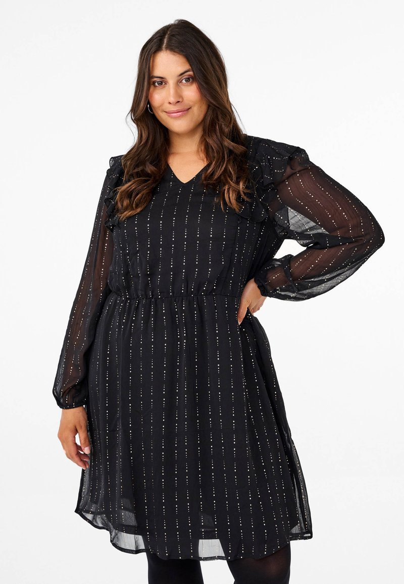Zizzi GEMUSTERTES MIT RÜSCHEN - Day dress - black - Zalando.ie