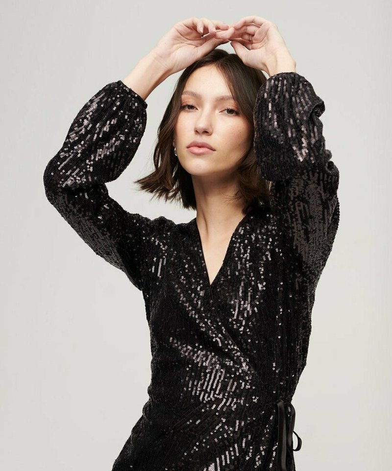 Superdry SEQUIN WRAP MINI - Robe de soirée - black angle sequins/noir ...