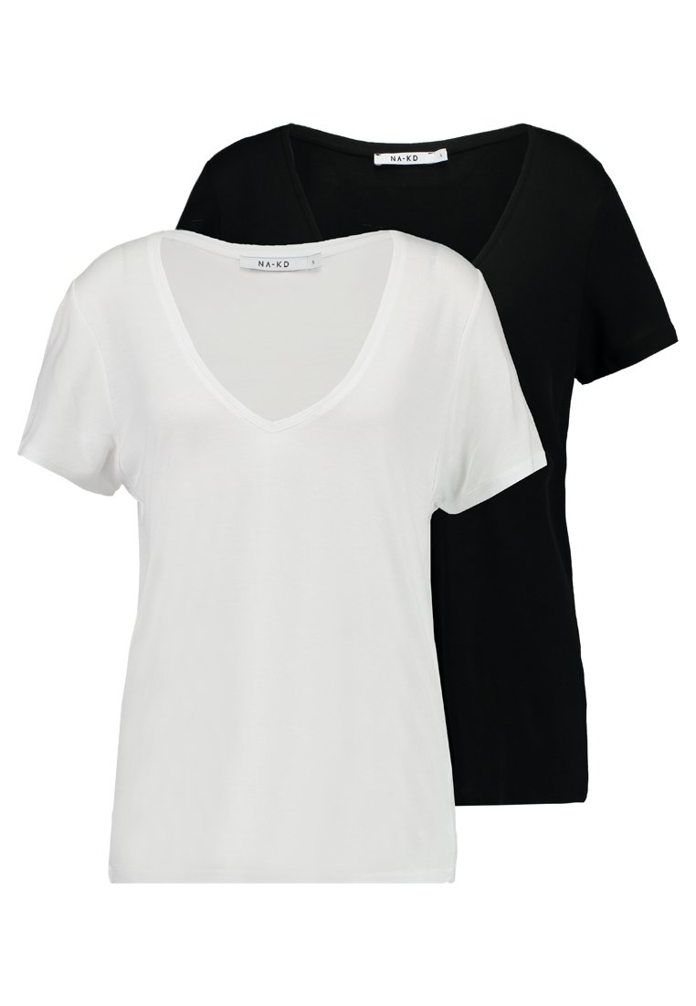 NA-KD 2 PACK V-NECK TEE - T-Shirt basic - black/white/schwarz - Zalando.ch