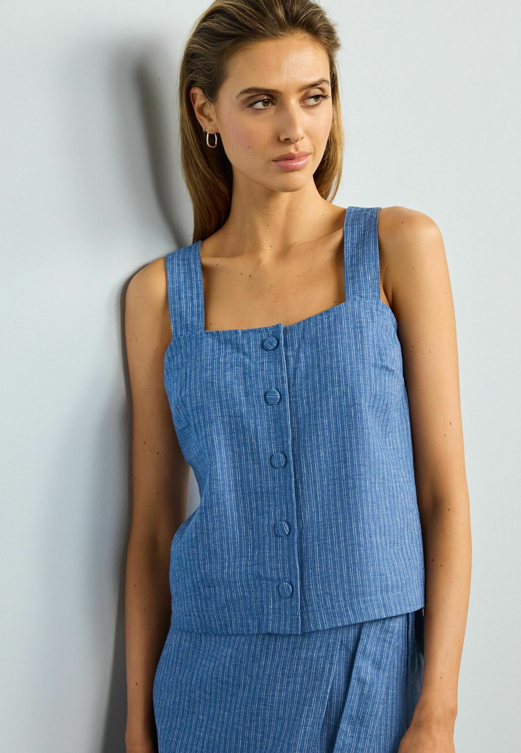 Next LINEN BLEND BUTTON THROUGH TOP - Bluse - blue stripe/blau - Zalando.ch