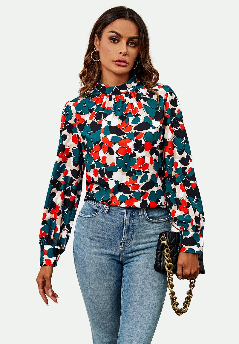 FS Collection FLORAL PRINT LONG SLEEVE - Bluse - blue/dunkelblau ...