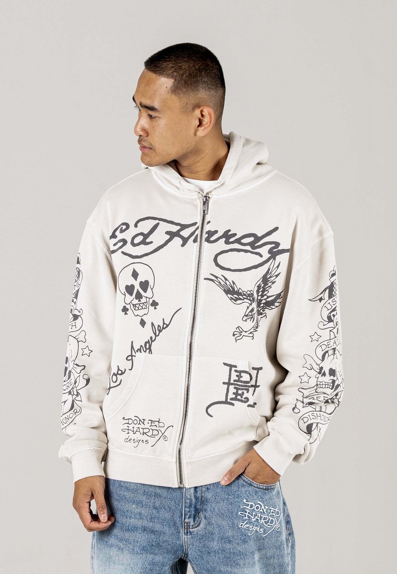 Ed Hardy DEATH BEFORE MONO - Zip-up sweatshirt - washed bone white ...