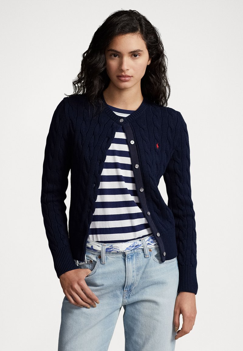 Polo Ralph Lauren CABLE-KNIT COTTON CREWNECK CARDIGAN - Kardigan - hunter navy/tmavě modrá ...