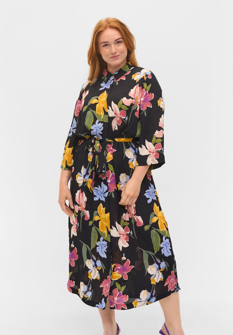 Zizzi PRINTED MIDI DRESS WITH 3/4 SLEEVES - Shirt dress - black ...