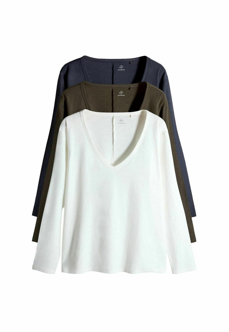 THE SET REGULAR FIT - 3 PACK DEEP V-NECK . - Langarmshirt - navy khaki ...