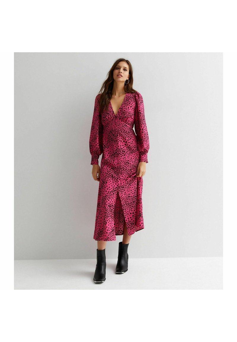 New Look ABSTRACT PRINT V NECK LONG SLEEVE BUTTON FRONT - Jurk - pink ...