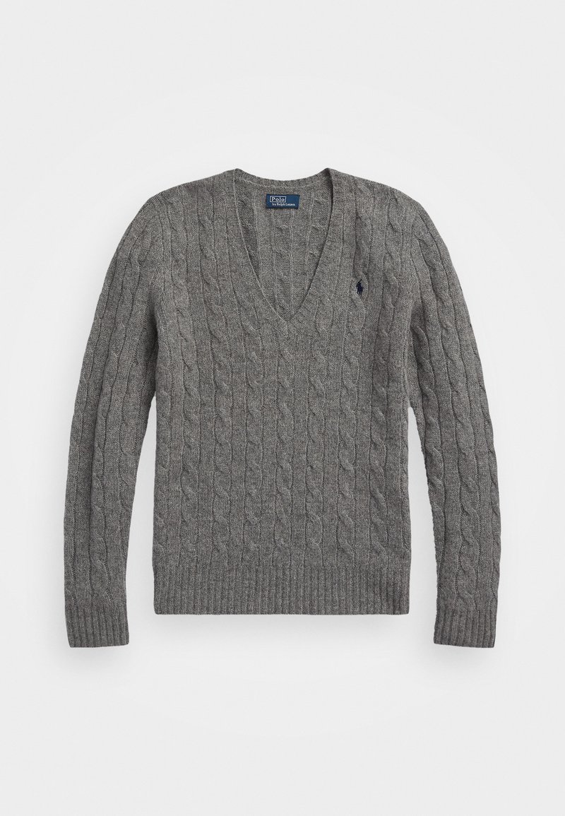 Polo Ralph Lauren CABLE-KNIT WOOL-CASHMERE V-NECK JUMPER - Jumper - battalion grey heather/grey ...