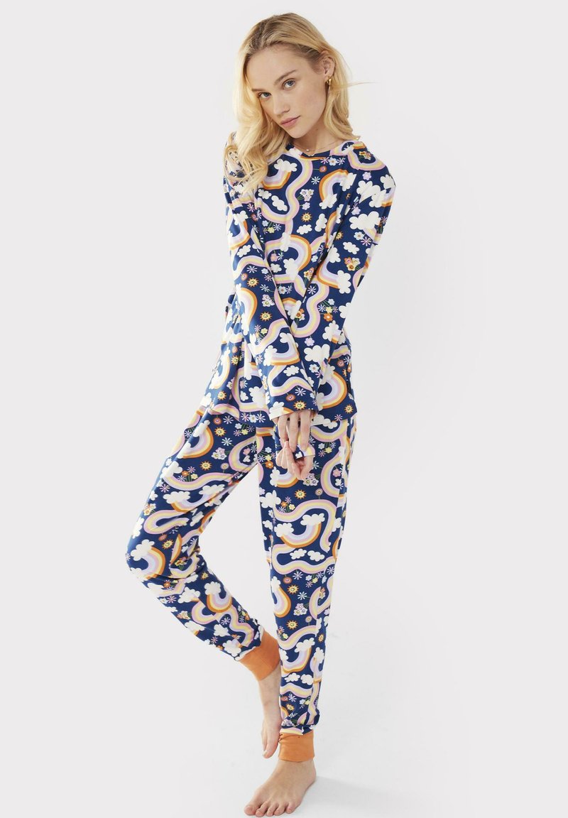Chelsea Peers RAINBOW CREWNECK LONG SET - Pyjama set - navy/dark blue ...