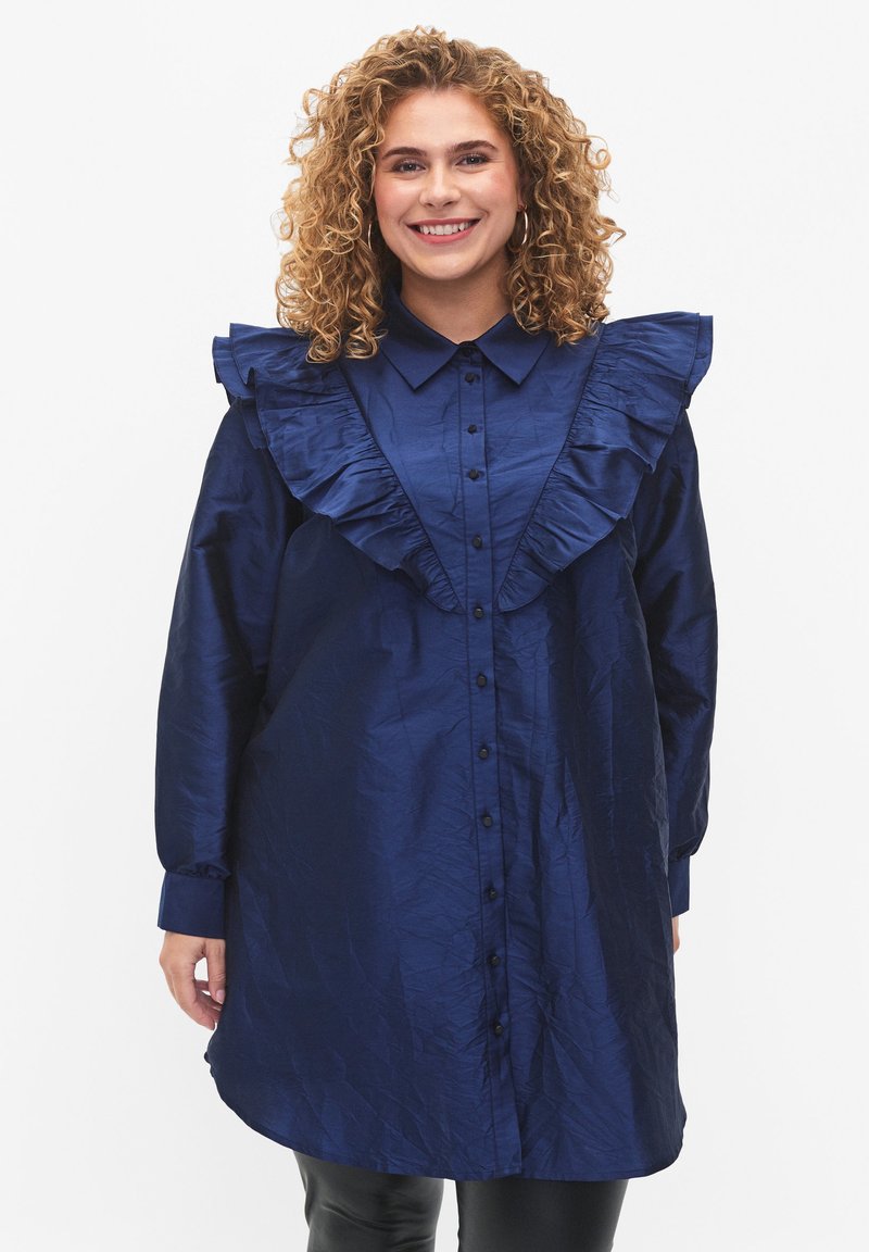 Zizzi WITH RUFFLE DETAIL - Button-down blouse - titan/dark blue - Zalando.ie