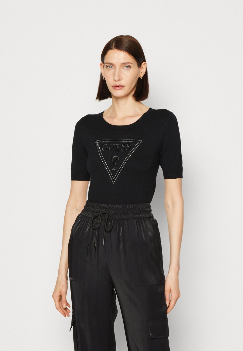 Guess SS ELORA TRIANGLE LOGO - Print T-shirt - jet black/black ...