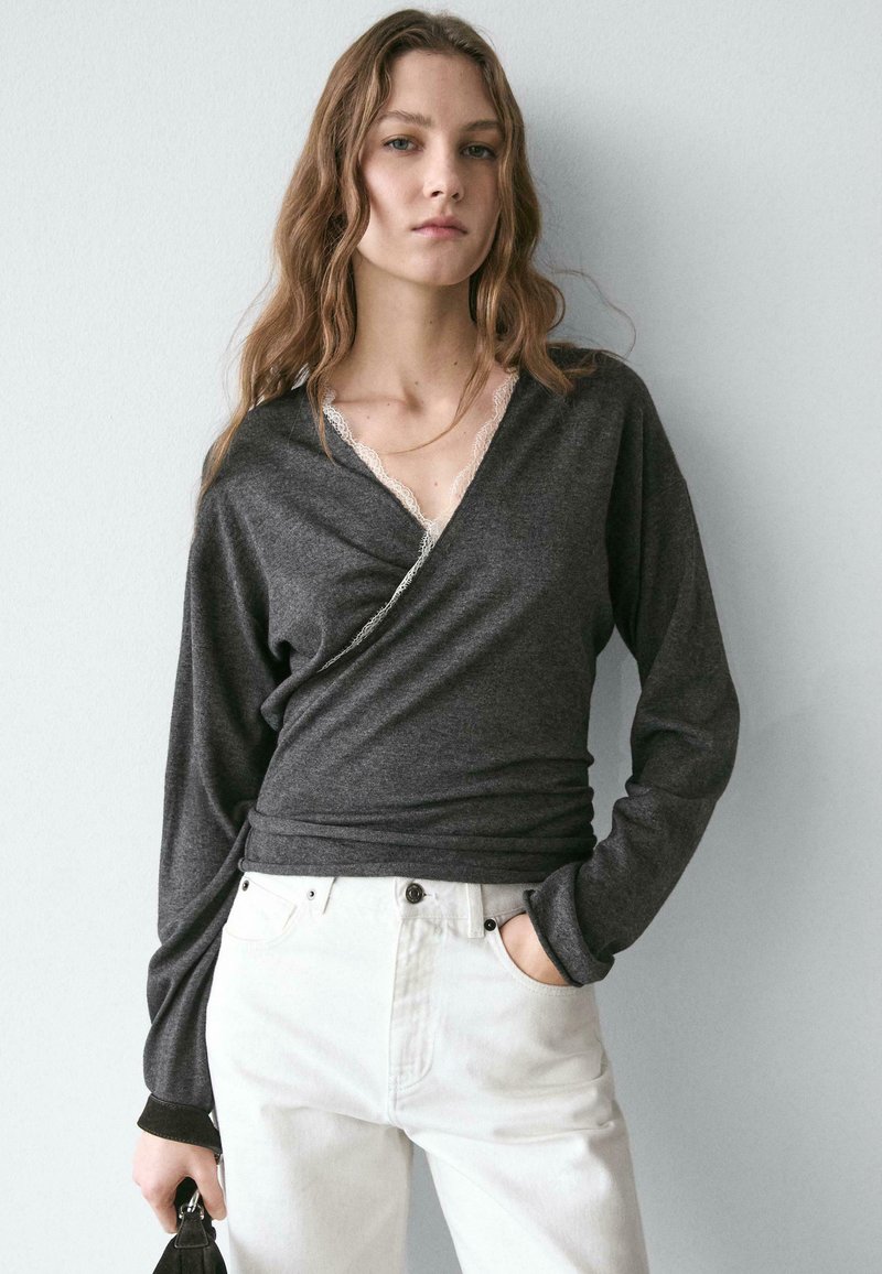 Massimo Dutti WRAP WITH LACE DETAIL - Cardigan - dark grey - Zalando