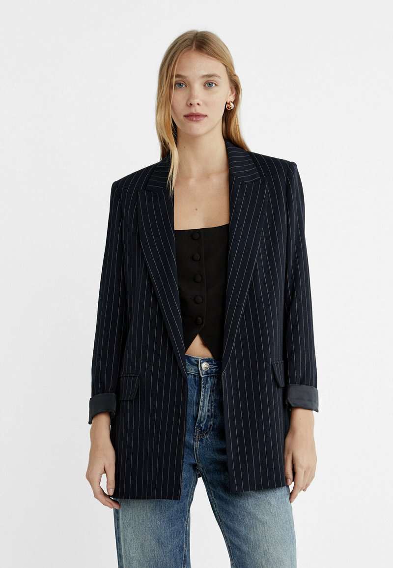 Stradivarius OPEN PINSTRIPE - Kurzmantel - dark blue/dunkelblau ...