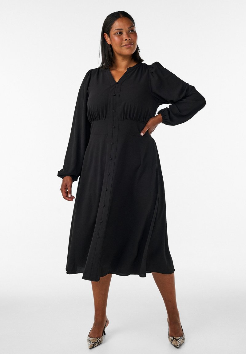 Zizzi MIDIKLEID MIT SMOCK UND ZIERKNÖPFEN - Srajčna obleka - schwarz ...