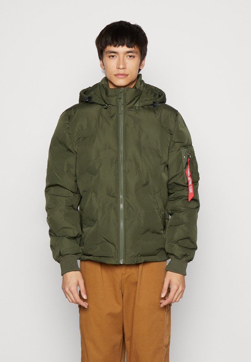 Alpha Industries HOODED LOGO PUFFER - Winter jacket - dark olive/dark ...