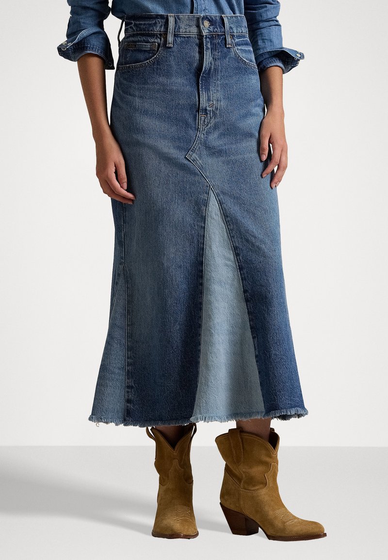 Polo Ralph Lauren DECONSTRUCTED PATCHWORK DENIM SKIRT - A-Linien-Rock - delita wash/blue denim ...