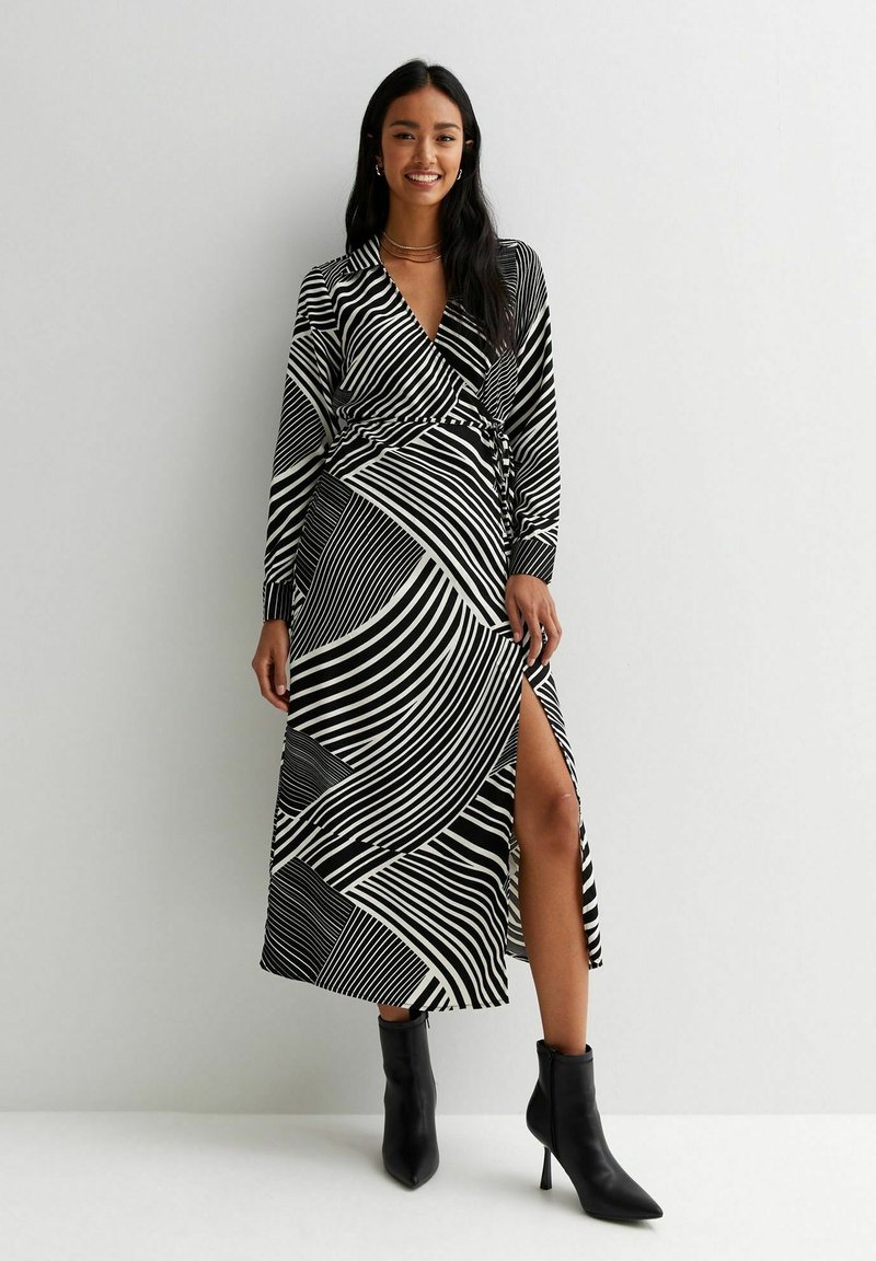 New Look WRAP COLLAR LONG SLEEVE - Jurk - black pattern/zwart - Zalando.be