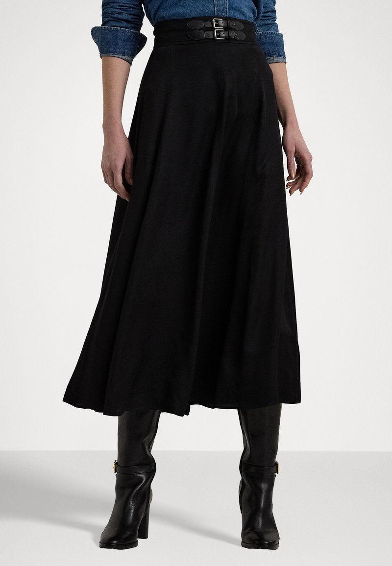 Lauren Ralph Lauren BUCKLE TRIM TWILL MIDI SKIRT - A-line skirt - black - Zalando.ie