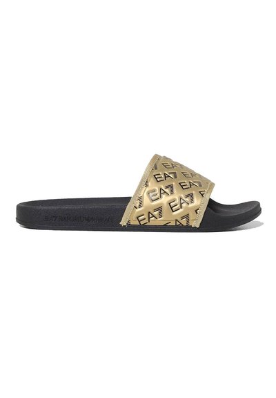 EA7 Emporio Armani EAGLE TAPE SLIDE UNISEX - Matalakantaiset pistokkaat - black/gold/musta ...