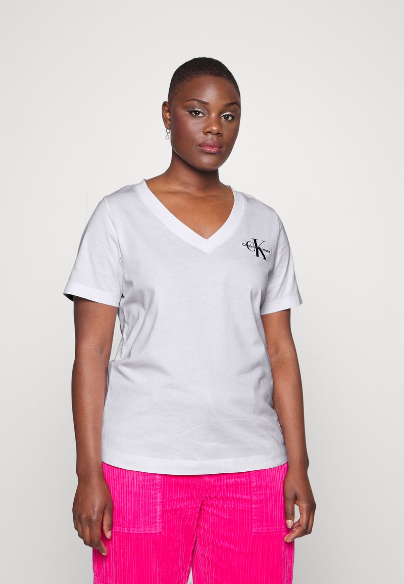 Calvin Klein Jeans Plus PLUS MONOLOGO SLIM V-NECK TEE - T-shirt imprimé - bright white/blanc ...