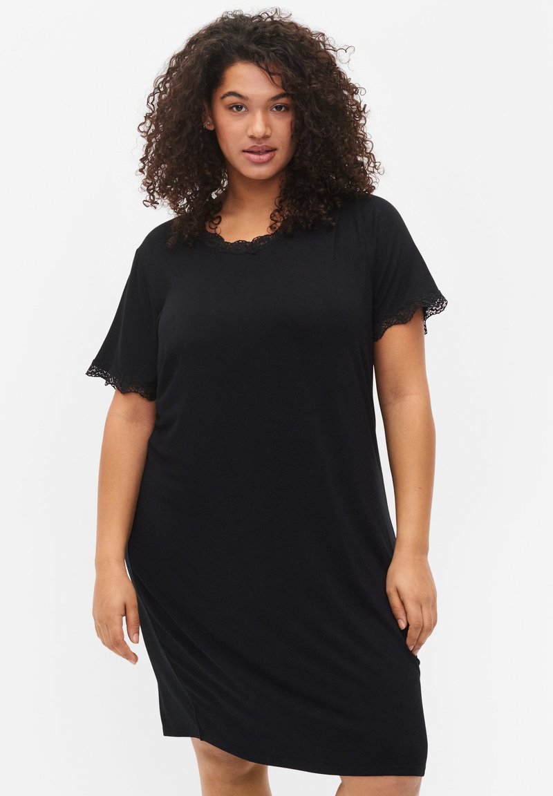 Zizzi SHORT SLEEVED WITH EDGES - Nightie - black - Zalando.ie