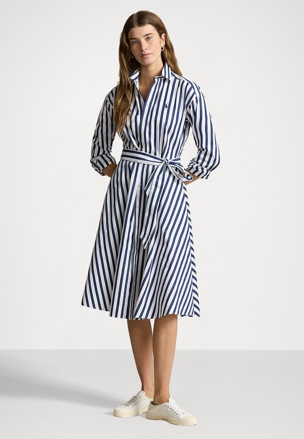 Polo Ralph Lauren BELTED STRIPED COTTON SHIRTDRESS - Shirt dress - bright navy/white/dark blue ...
